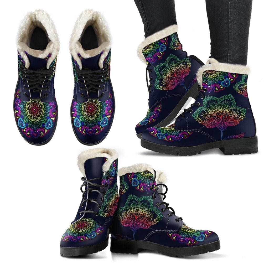Colorful Flower Faux Fur Handcrafted Winter Boots Handcrafted Women ...